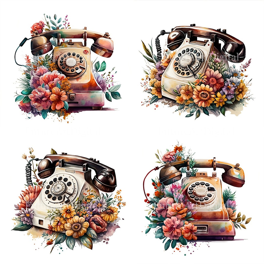 Watercolor Retro Landline Phone Sublimation PNG, Retro Telephone ...