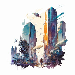 Watercolor Futuristic City Sublimation PNG, Future City Digital Clipart ...