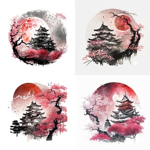 Watercolor Japan Castle PNG, Cherry Blossom Digital Clipart, Red Moon ...