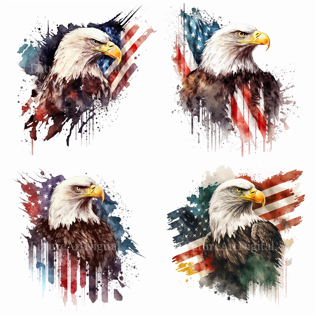 Watercolor Bald Eagle With American Flag Digital Clipart, Patriotic ...