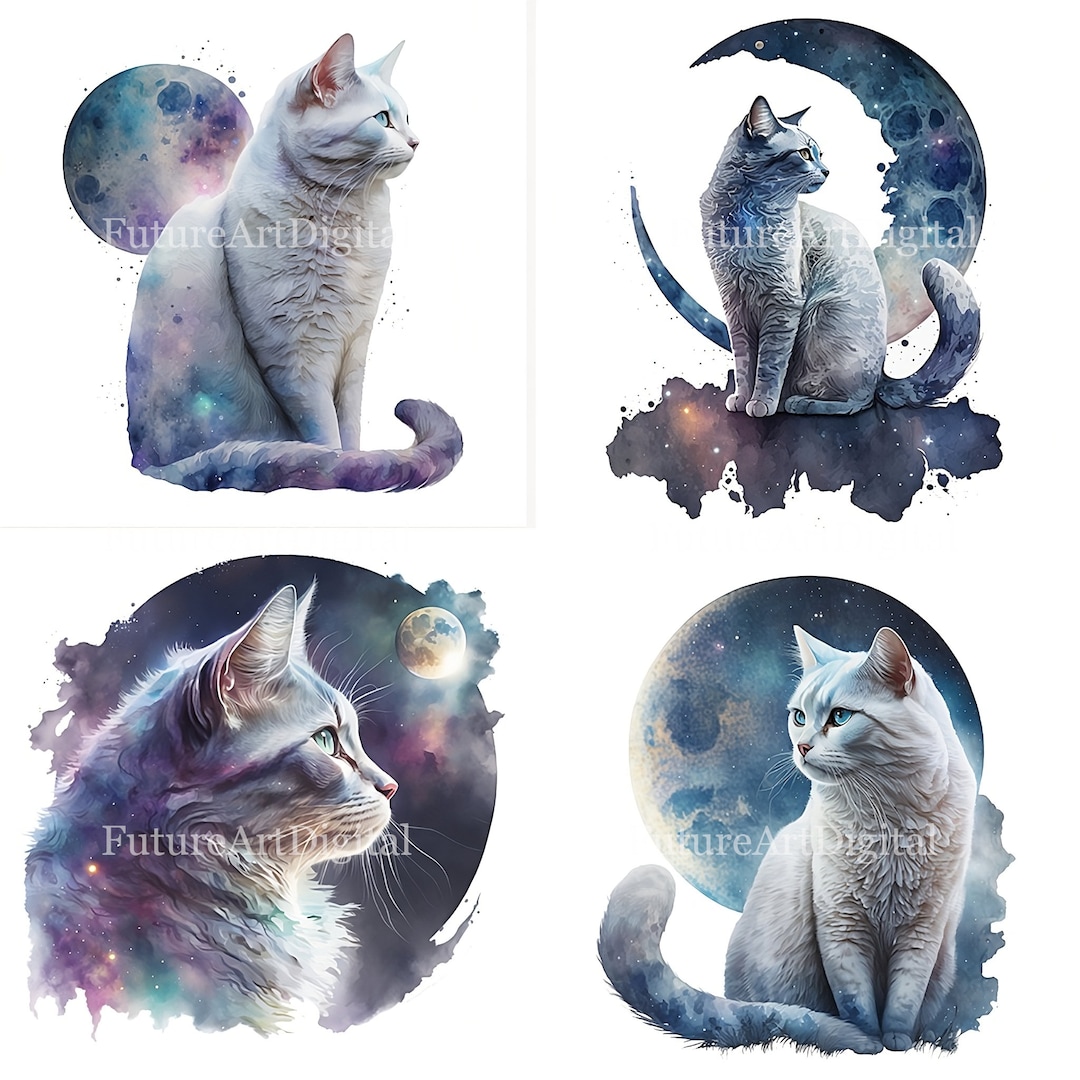 Watercolor Celestial Moon Cat PNG, Moon Cat Digital Clipart, Cat ...