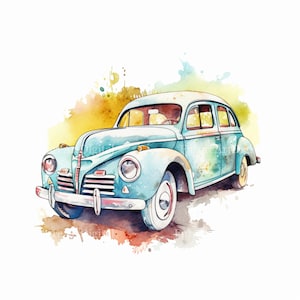Watercolor Vintage Car Sublimation PNG, Retro Car Digital Clipart ...