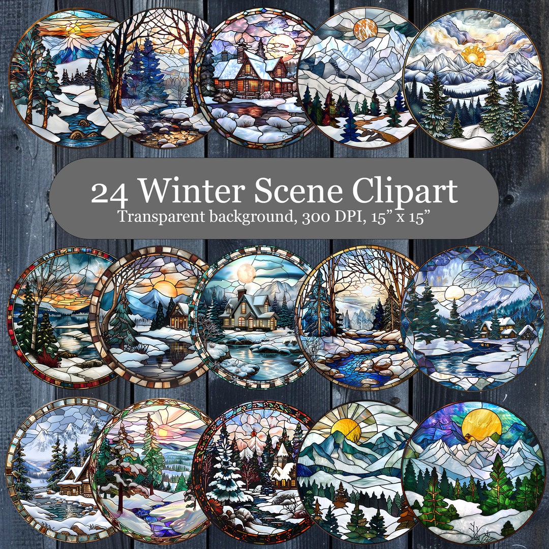 24 Stained Glass Winter Clipart, Snow Stained Glass Bundle, Winter ...