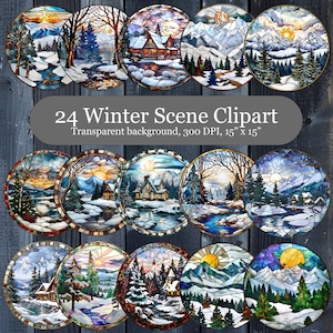 24 Stained Glass Winter Clipart, Snow Stained Glass Bundle, Winter ...