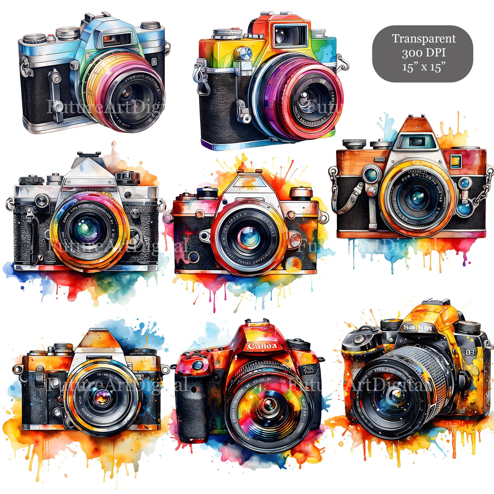 20 Watercolor Rainbow Camera Digital Clipart, Camera Sublimation ...