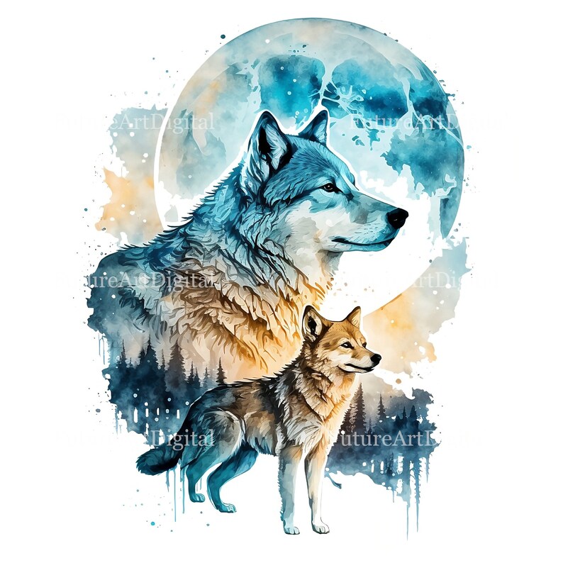 Watercolor Celestial Moon Wolf Mom and Baby Digital Clipart, Wolf ...