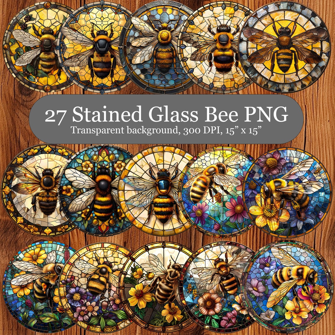 Stained Glass Bee Bundle, Round Stained Glass Bee Sun Catcher PNG, Wind ...