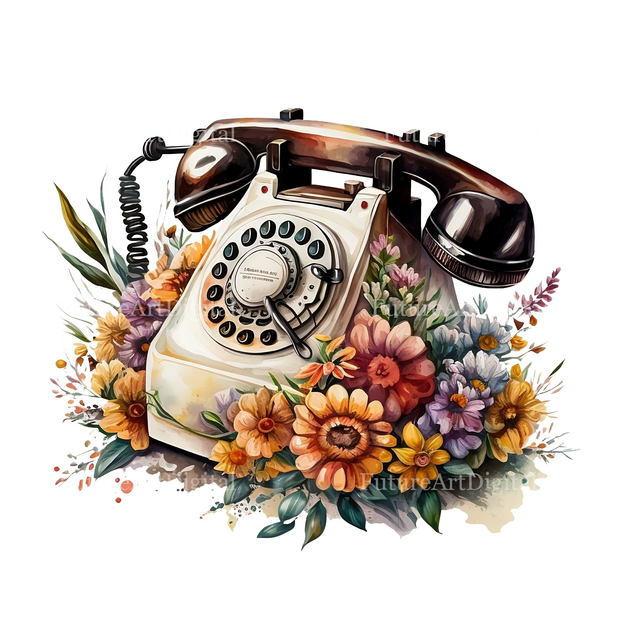 Watercolor Retro Landline Phone Sublimation PNG, Retro Telephone ...