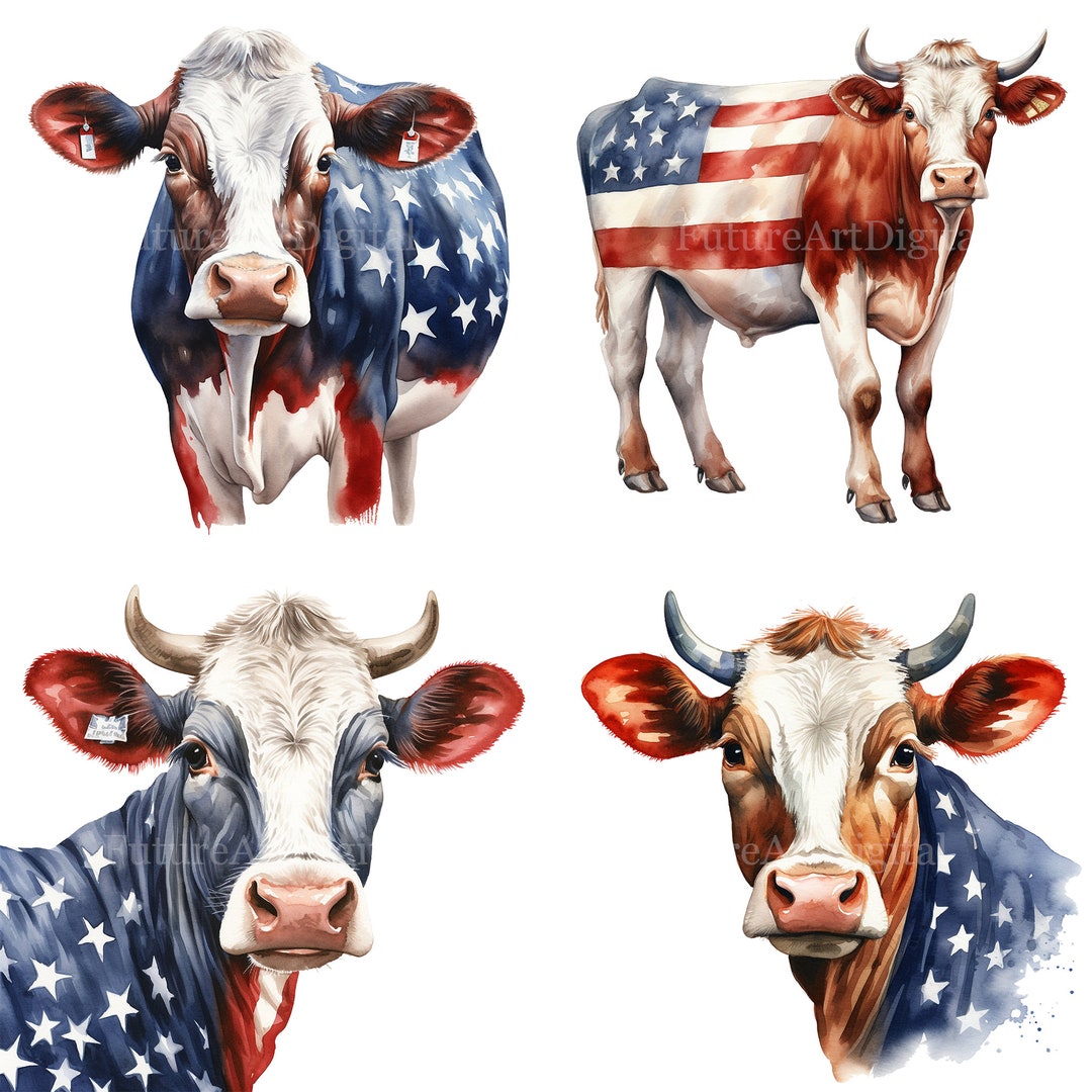 Watercolor Patriotic Cow Digital Clipart, Cow With American Flag ...