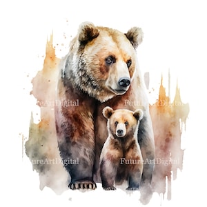 Watercolor Mama Bear and Baby Bear PNG, Bear Family Digital Clipart ...
