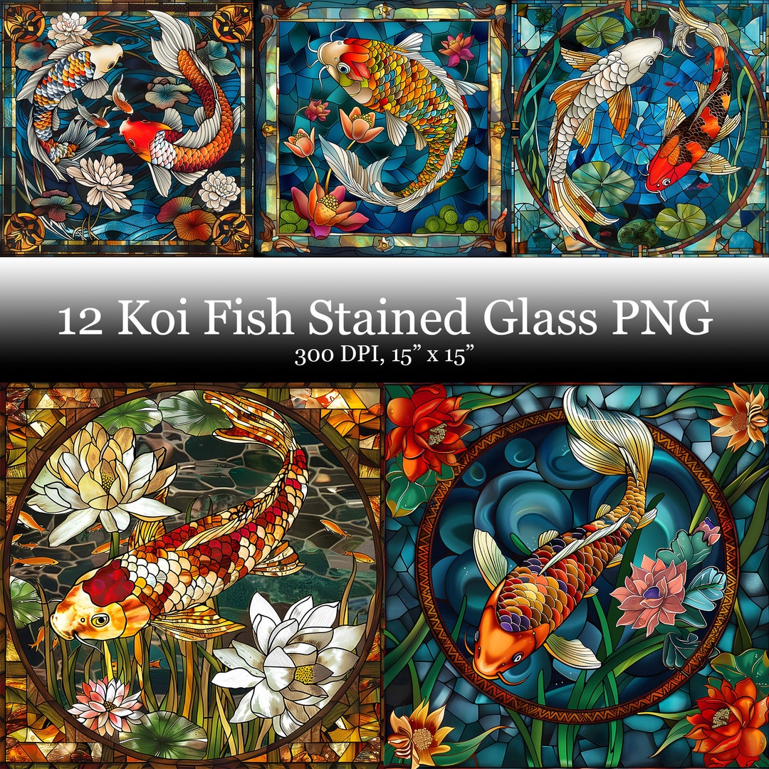 12 Koi Fish Stained Glass Tumble Wrap, Stained Glass Koi Fish Sublimation Clipart, Koi Fish ...