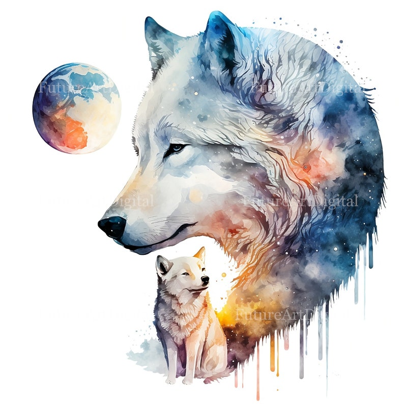 Watercolor Celestial Moon Wolf Mom and Baby Digital Clipart, Wolf ...