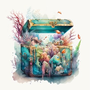 Watercolor Treasure Chest PNG, Underwater Sea Life With Treasure Chest ...