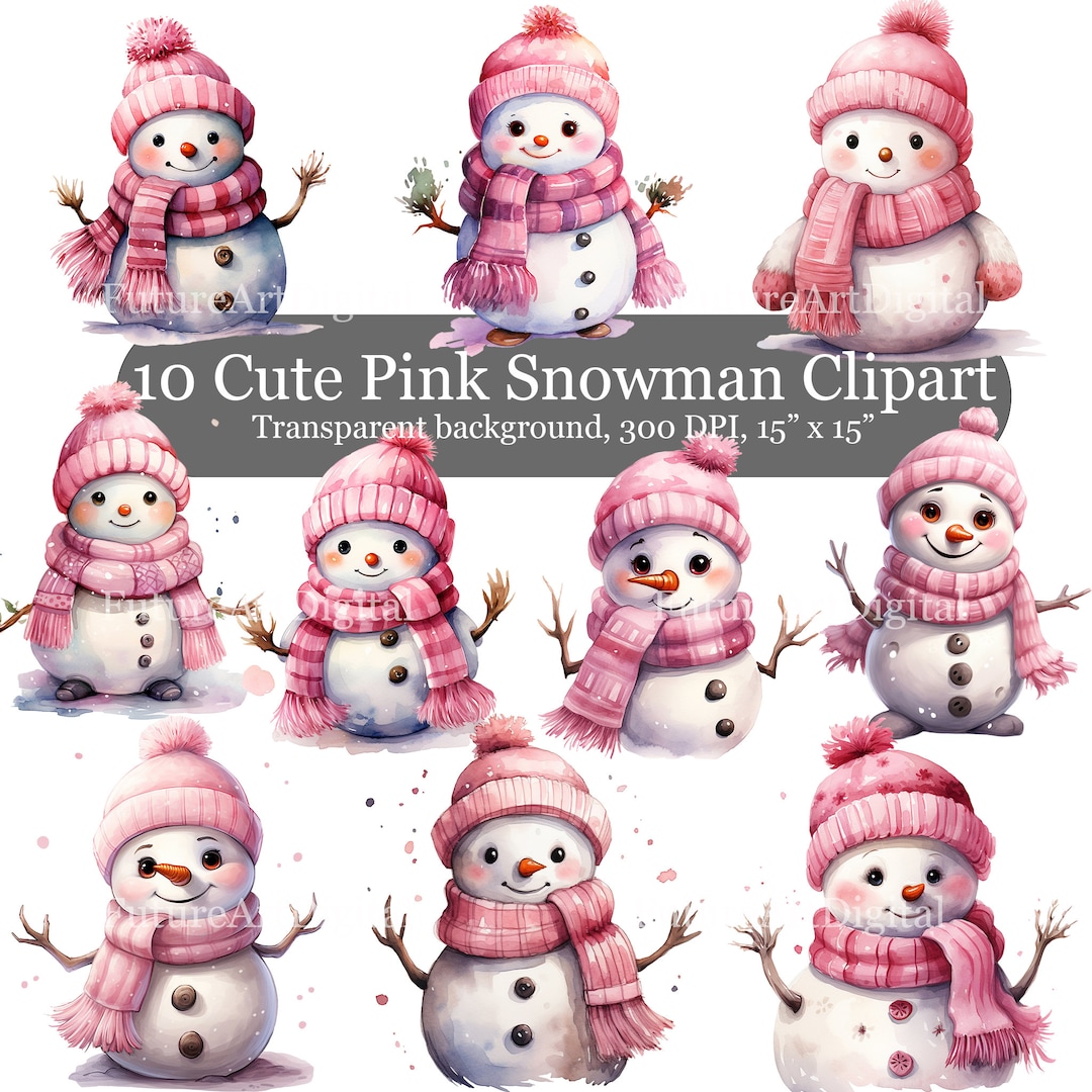 10 Watercolor Cute Pink Snowman Digital Wall Art, Cute Chritmas ...