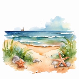 Watercolor Beach With Sea Digital Clipart, Beach Printable Wall Art ...