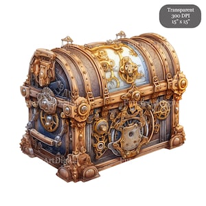 12 Watercolor Steampunk Treasure Chest Digital Clipart, Treasure Chest ...