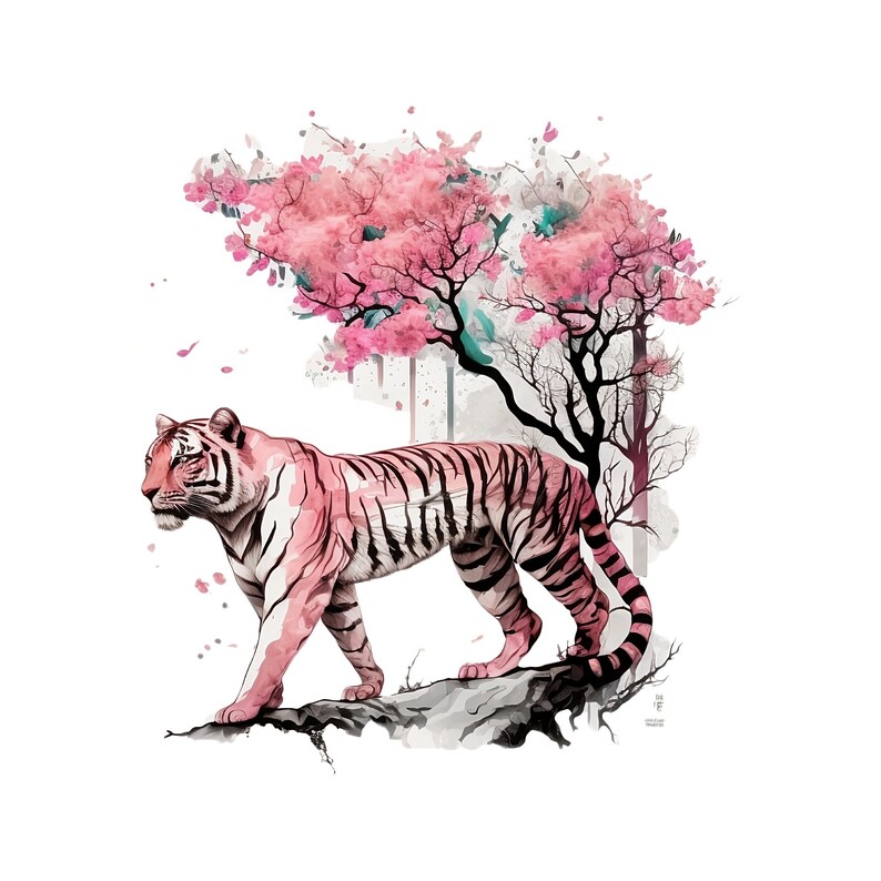 Watercolor Pink Tiger Digital Clipart Cherry Blossom Tiger - Etsy