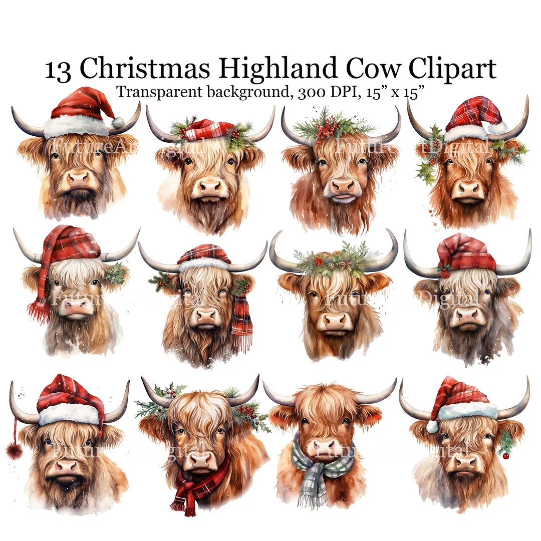 13 Watercolor Christmas Highland Cow Sublimation PNG, Highland Cow ...