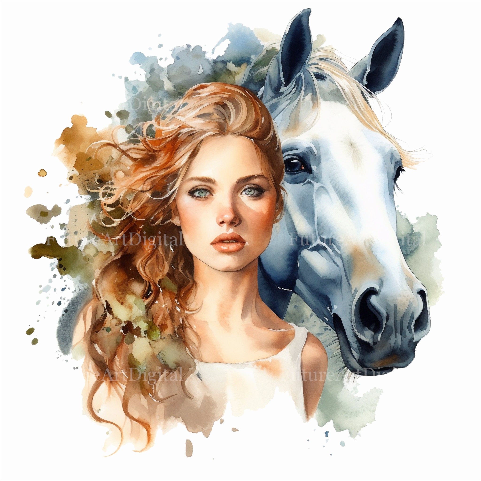 Watercolor Girl With Horse Digital Clipart, Horse With Young Woman ...