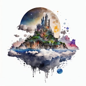 Watercolor Castle on a Floating Island PNG, Castle Digital Clipart ...