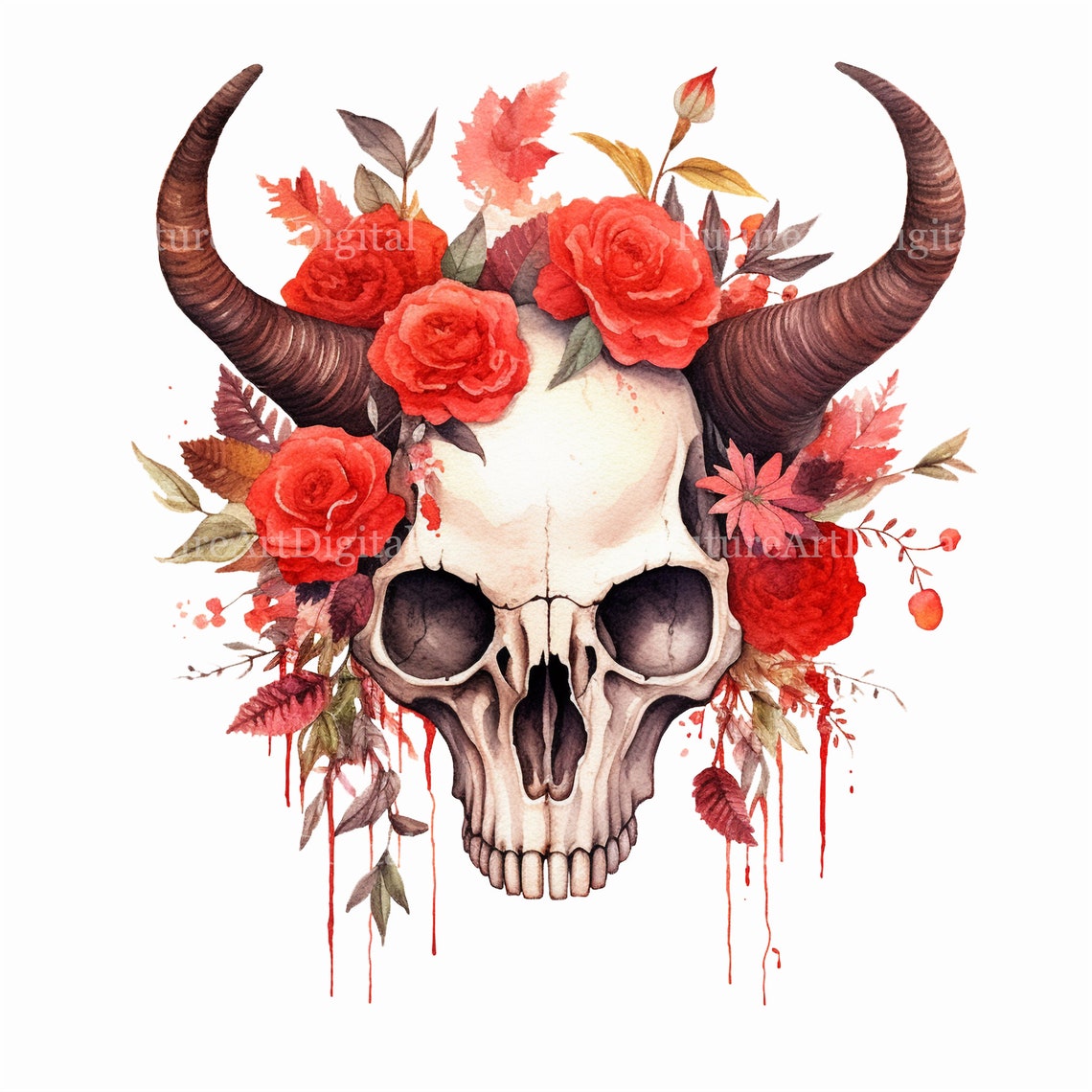 Watercolor Devil Skull With Red Roses Digital Clipart, Devil Printable ...
