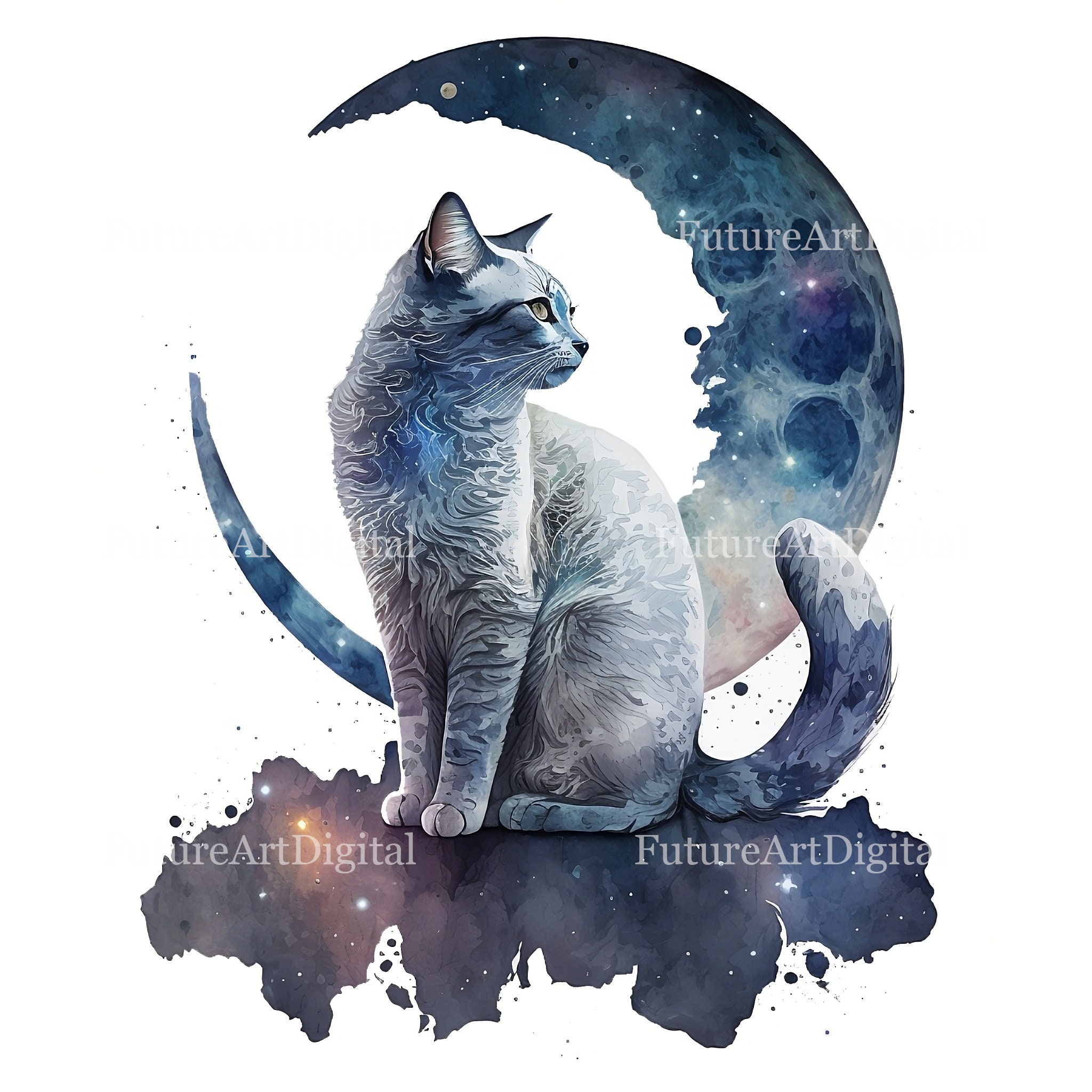 Watercolor Celestial Moon Cat PNG, Moon Cat Digital Clipart, Cat ...