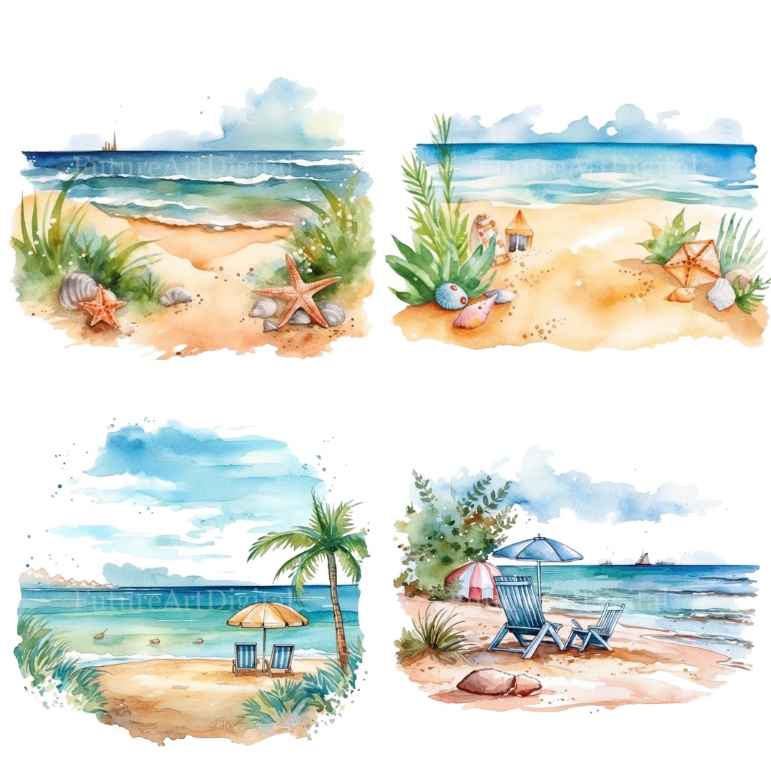 Watercolor Beach With Sea Digital Clipart, Beach Printable Wall Art ...