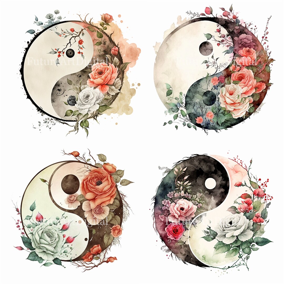 Watercolor Yin Yang Sign With Roses Printable Wall Art, Yin Yang Sign ...