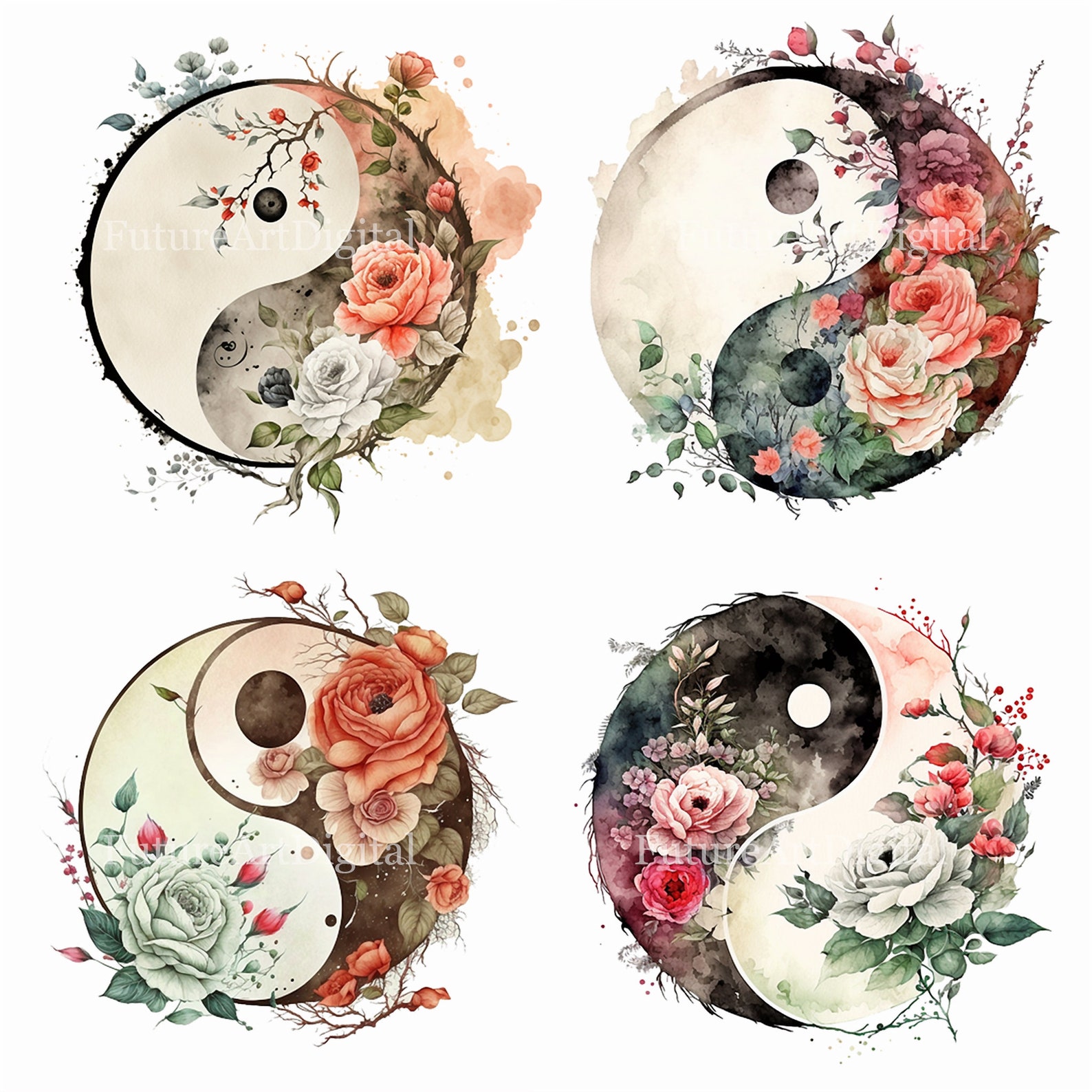 Watercolor Yin Yang Sign With Roses Printable Wall Art, Yin Yang Sign ...