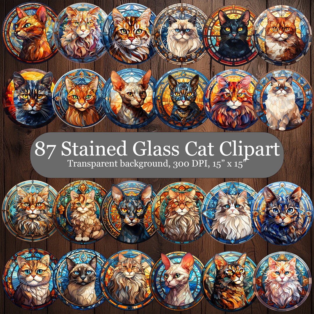 87 Stained Glass Cat Digital Clipart, Cat Breed Round Stained Glass PNG ...