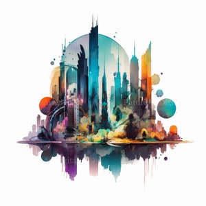 Watercolor Futuristic City Sublimation PNG, Future City Digital Clipart ...