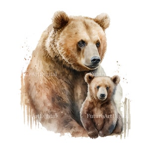 Watercolor Mama Bear and Baby Bear PNG, Bear Family Digital Clipart ...