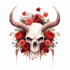 Watercolor Devil Skull With Red Roses Digital Clipart, Devil Printable ...