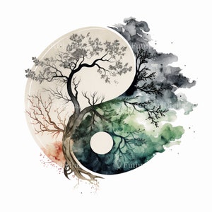 Watercolor Yin Yang Sign With the Tree of Life Sublimation PNG, Yin ...