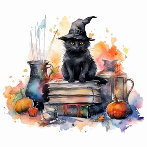 Watercolor Witch Cat Sublimation Clipart, Witch Cat Digital Clipart ...