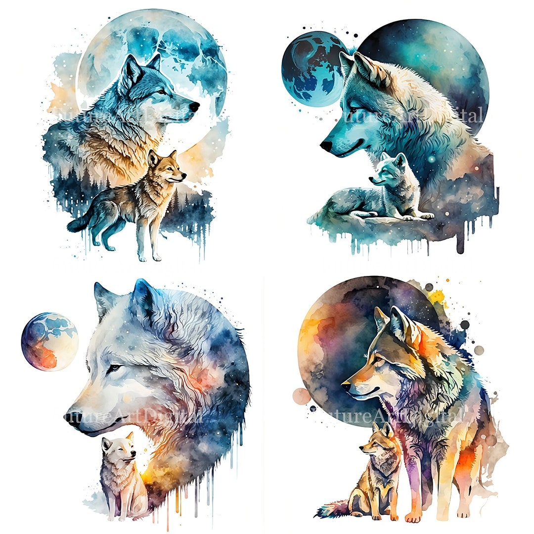 Watercolor Celestial Moon Wolf Mom and Baby Digital Clipart, Wolf ...