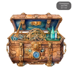12 Watercolor Steampunk Treasure Chest Digital Clipart, Treasure Chest ...