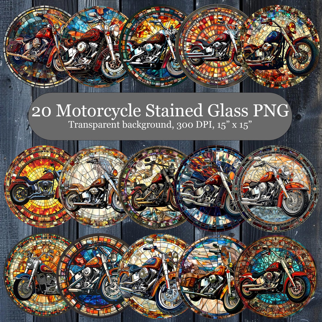 Stained Glass Motorcycle Sublimation PNG Bundle, 20 Motorcycle Round ...