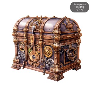 12 Watercolor Steampunk Treasure Chest Digital Clipart, Treasure Chest ...