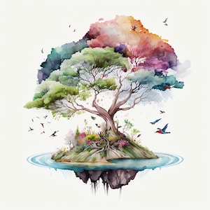 Watercolor Tree on a Floating Island Sublimation Clipart, Giant Tree ...
