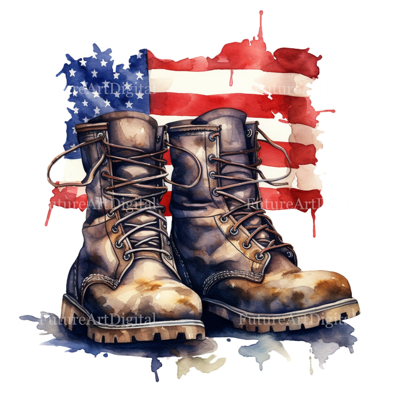 Watercolor Army Boots With American Flag Digital Clipart, US Flag With ...
