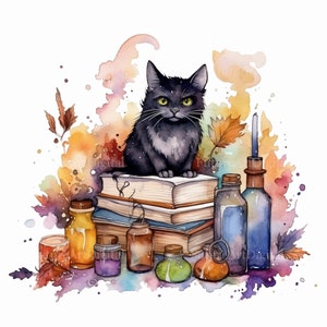 Watercolor Witch Cat Sublimation Clipart, Witch Cat Digital Clipart ...