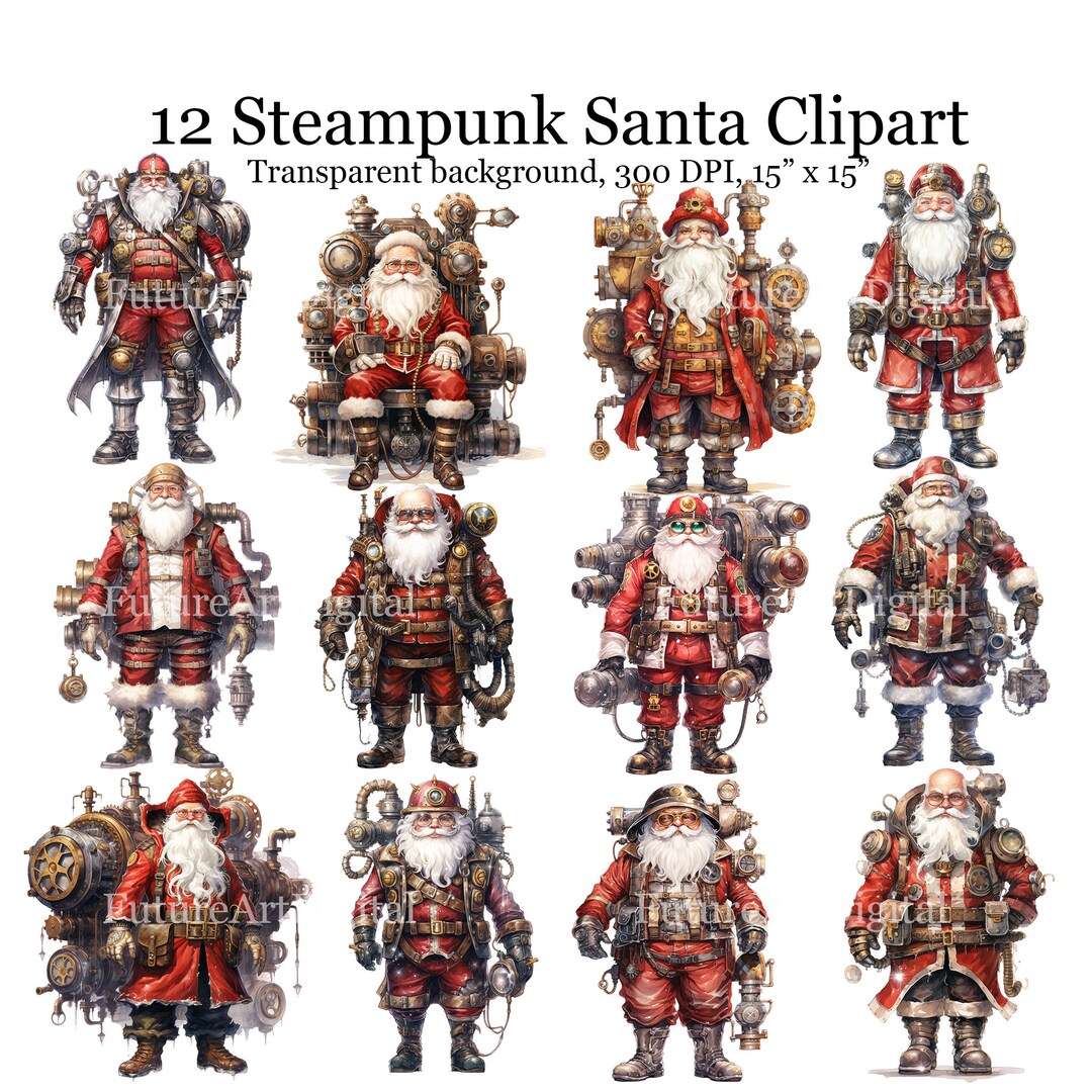12 Watercolor Steampunk Santa Printable Wall Art, Santa Claus Digital ...