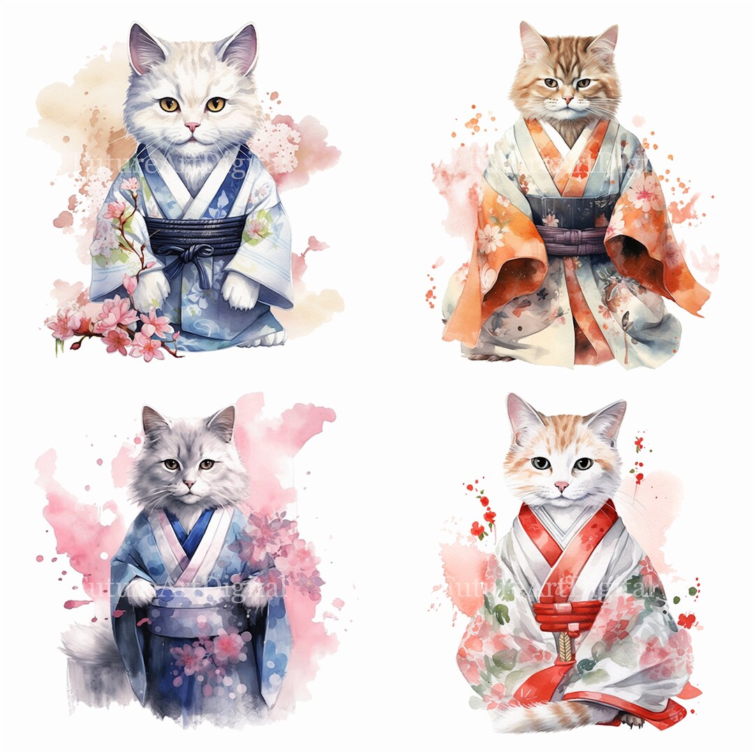 Watercolor Geisha Cat Digital Clipart, Geisha Cat Sublimation PNG ...