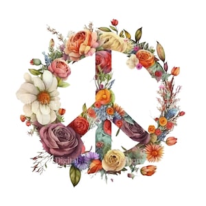 Watercolor Peace Sign With Roses Sublimation PNG, Peace Symbol Digital ...