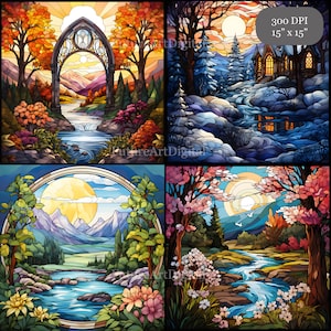 Stained Glass Seasons Clipart Bundle, 4 Seasons Tumble Wrap PNG, Winter ...