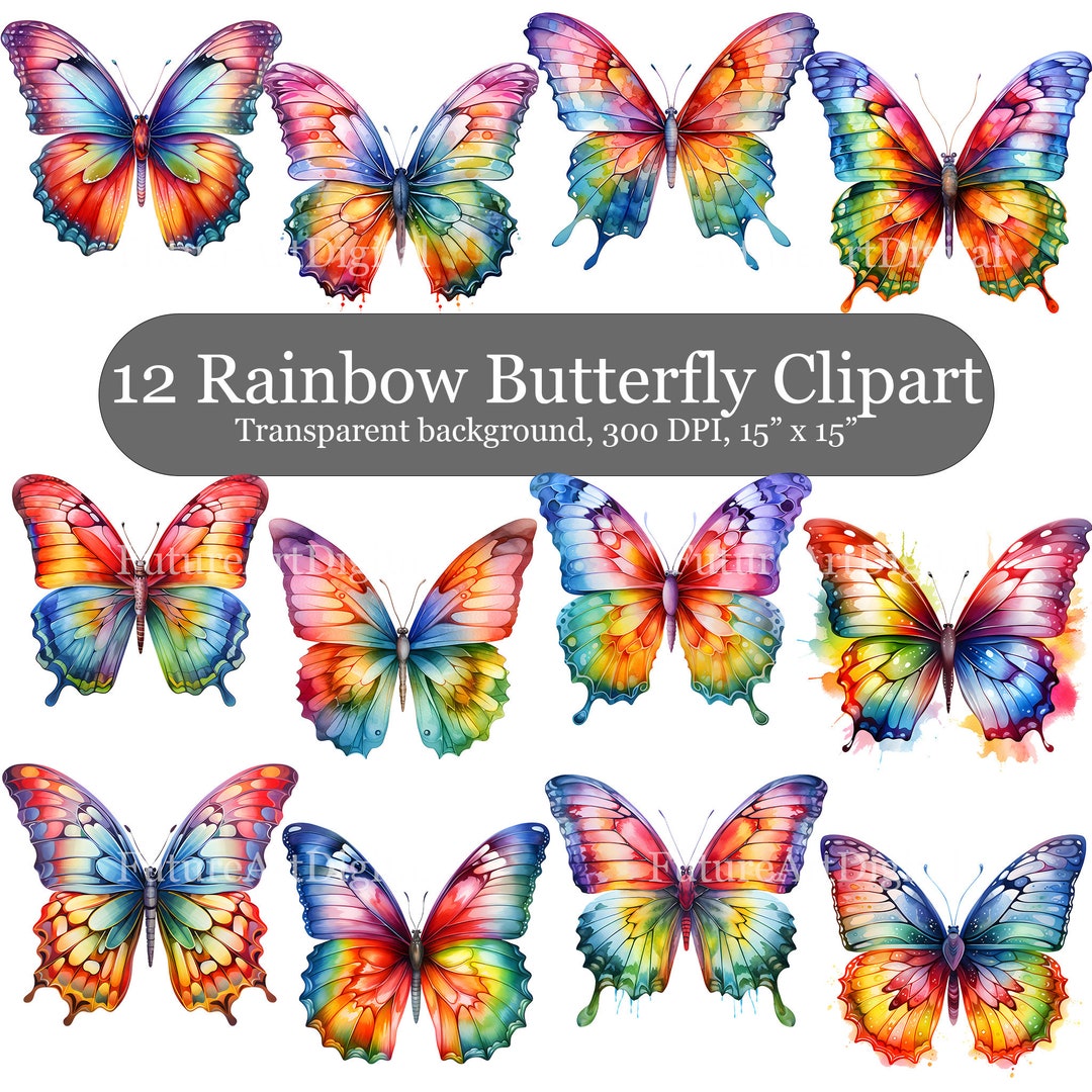 12 Watercolor Rainbow Butterfly Digital Clipart, Rainbow Butterfly ...
