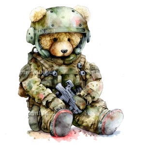 Watercolor Teddy Bear in a Tactical Suit PNG, Army Teddy Bear Digital ...