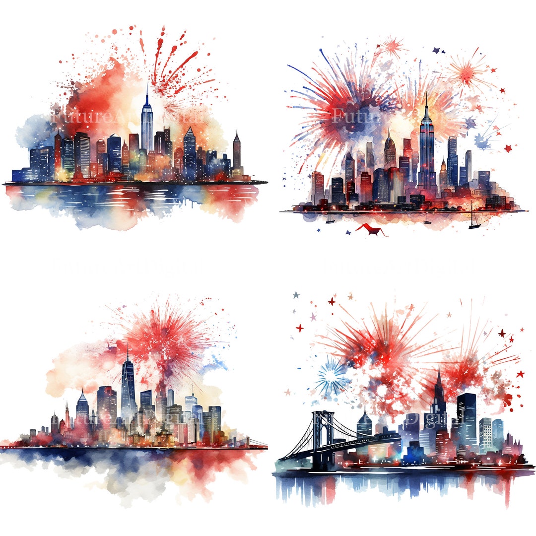 Watercolor Patriotic Firework Over New York Digital Clipart, 4th of ...