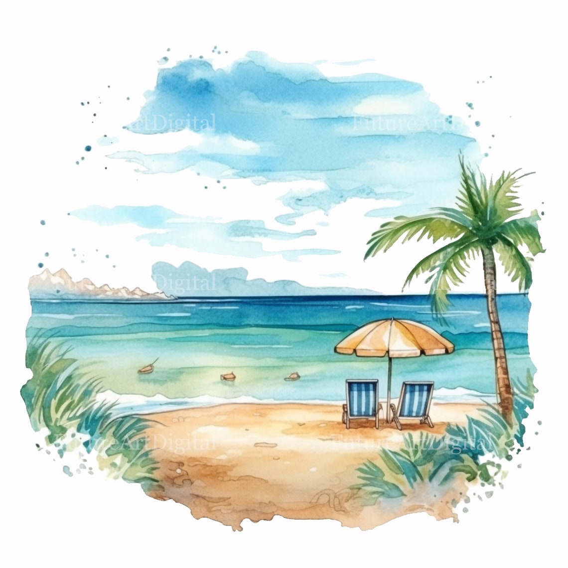 Watercolor Beach With Sea Digital Clipart, Beach Printable Wall Art ...
